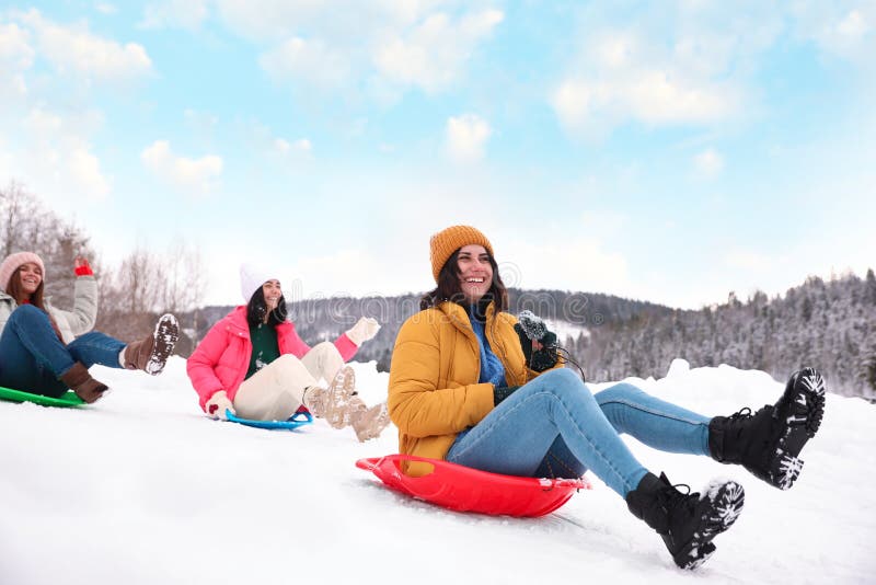 Group of Friends Having Fun and Sledding. Winter Vacation Stock Image ...
