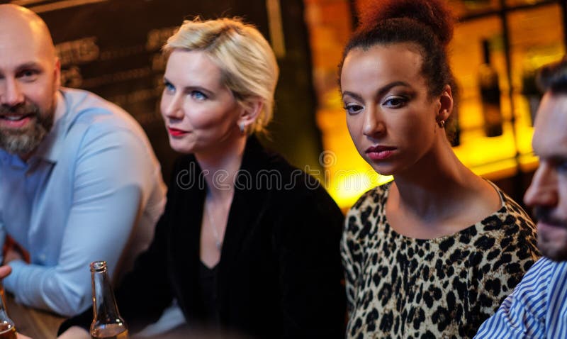 Group of Friends Having Fun Talk Behind Bar Counter in a Cafe Stock ...