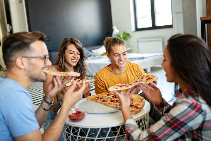 Group of Friends Having Party at Home, Eating Pizza and Having Fun ...