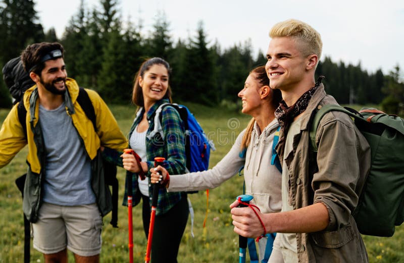 Group of Friends on a Hiking, Camping Trip in the Mountains Stock Image ...