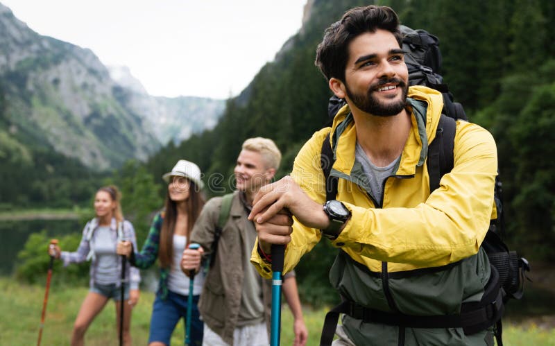 Group of Friends on a Hiking, Camping Trip in the Mountains Stock Image ...