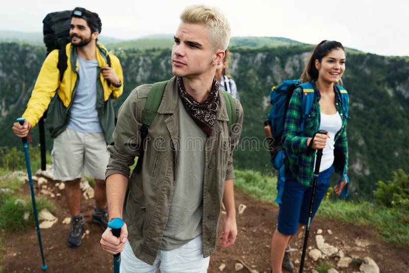 Group of Friends on a Hiking, Camping Trip in the Mountains Stock Image ...