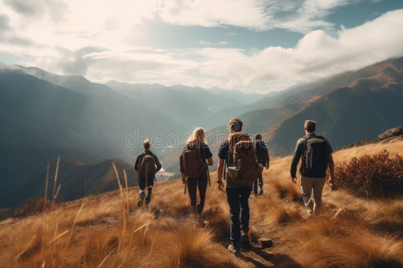 Group of Friends Hiking in Mountains, a Group of Friends Hiking in the ...