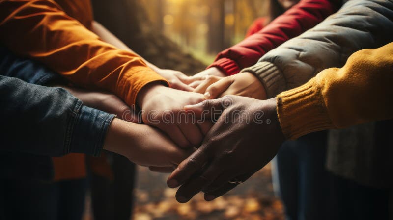 Group of Friends Holding Hands Together in Forest, Closeup. Unity ...