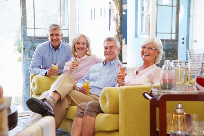 Group of Friends at Home Relaxing in Lounge with Cold Drinks Stock ...