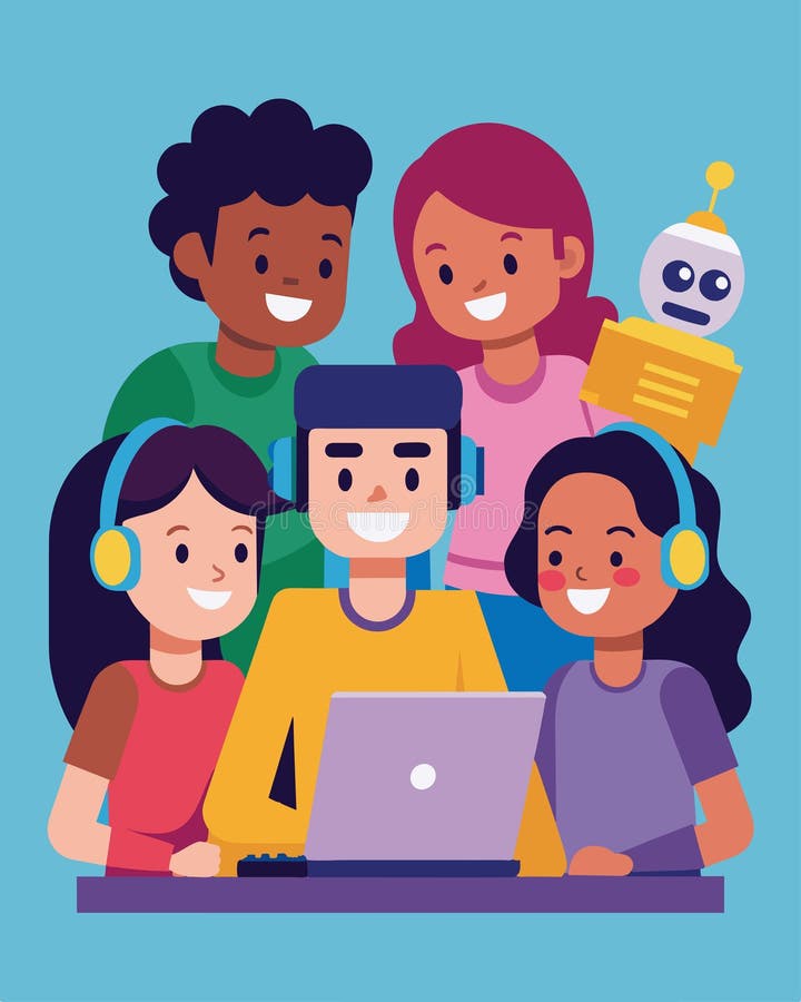 A Group of Friends Huddled Around a Computer Laughing and Collaborating ...