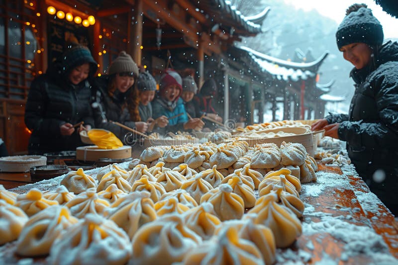 A Group of Friends Making Dumplings for Lunar New Year. Stock Photo ...