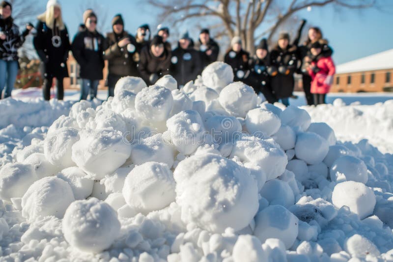 Group of Friends with a Pile of Snowballs Stock Image - Image of ...