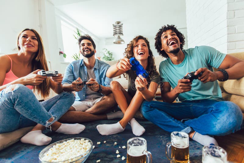 Friends Play Video Games Together at Home, Having Fun Stock Image ...