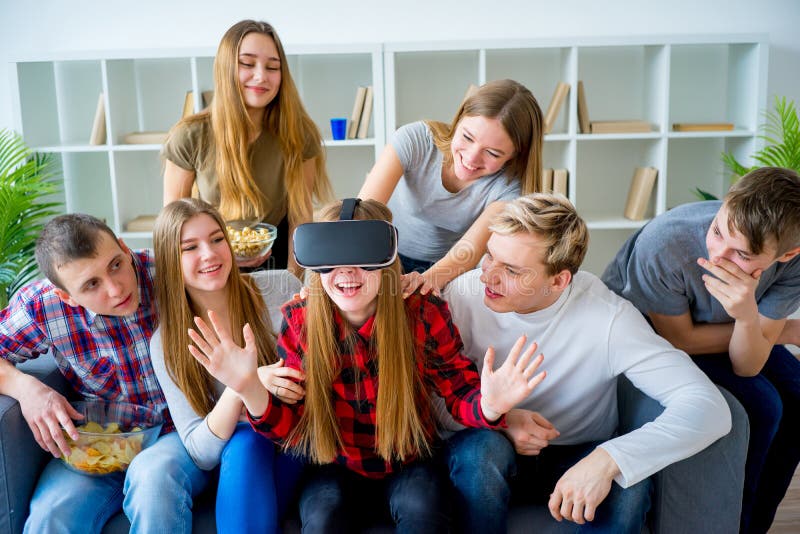 Group of Friends Playing with VR Stock Photo - Image of goggles ...