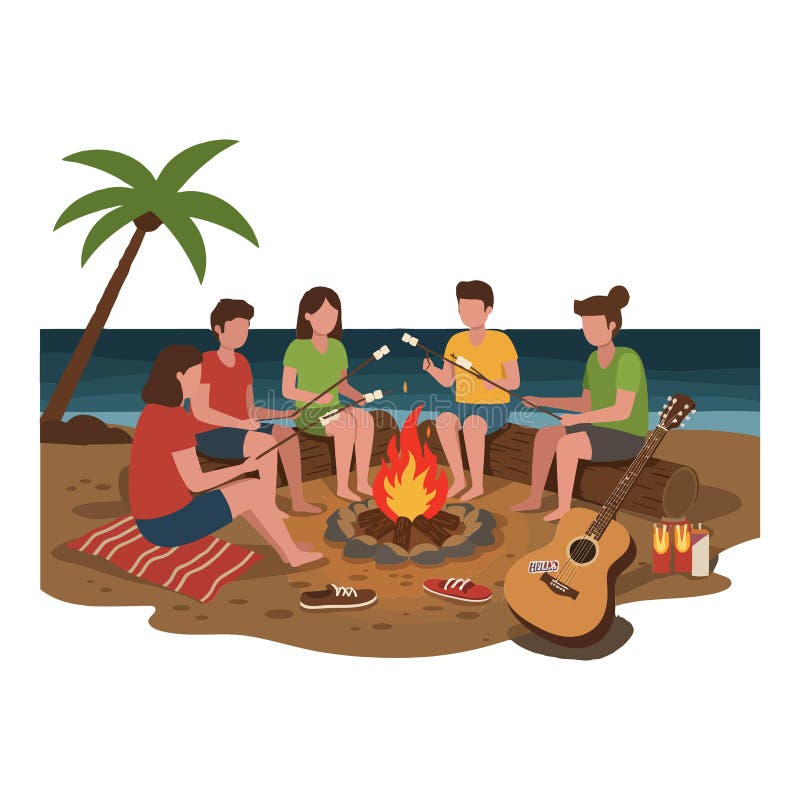 Group of Friends Roasting Marshmallows Around a Campfire on the Beach ...