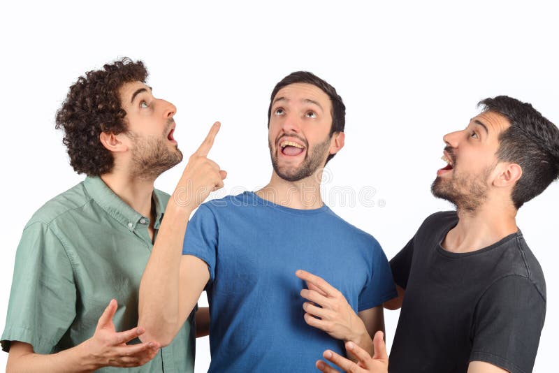 Group of Friends Shocked Pointing Up Stock Photo - Image of expression ...