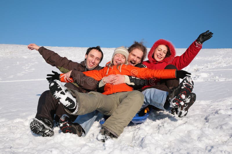 Group of Friends Sit on Plastic Sled Stock Image - Image of cold, sled ...