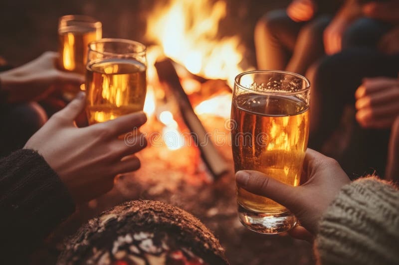 A Group of Friends Sits Around a Warm Fire, Holding Glasses of Cider ...