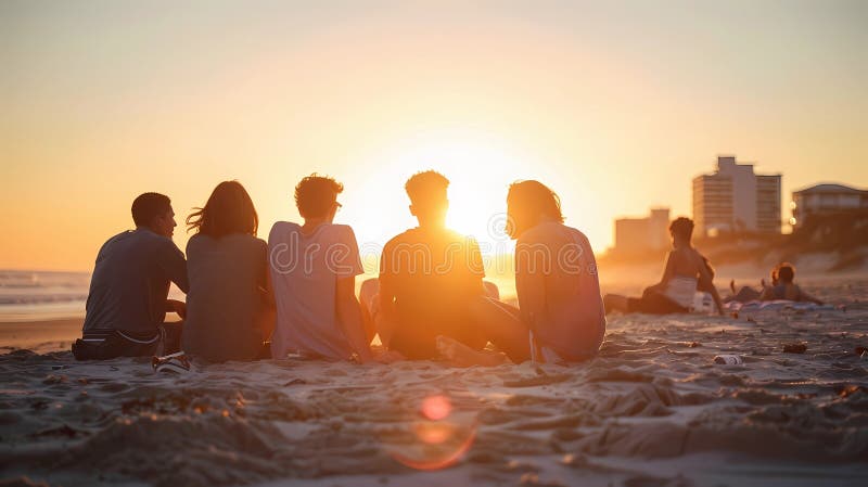Group of Friends Sitting on the Beach and Watching the Sunset Together ...