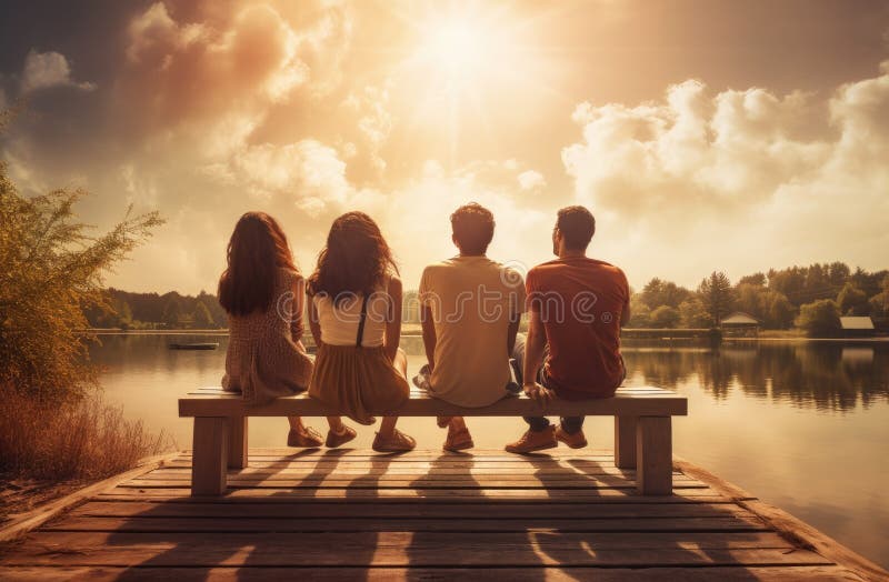 Group of Friends Sitting on a Wooden Pier and Looking at the Sunset ...