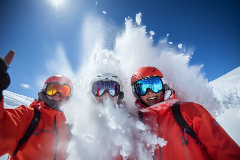 Group of Friends Skiing Down a Snowy Slope, Faces Radiating Excitement ...
