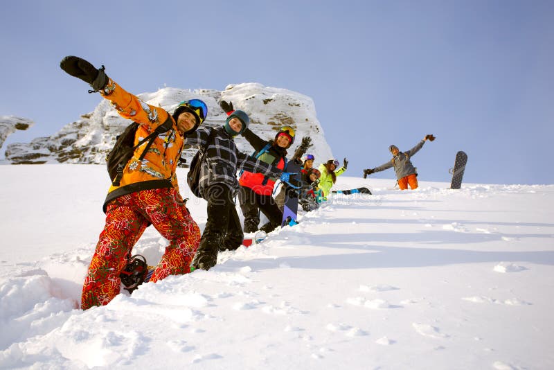 Group of Friends Snowboarders Having Fun on the Top of Mountain Stock ...