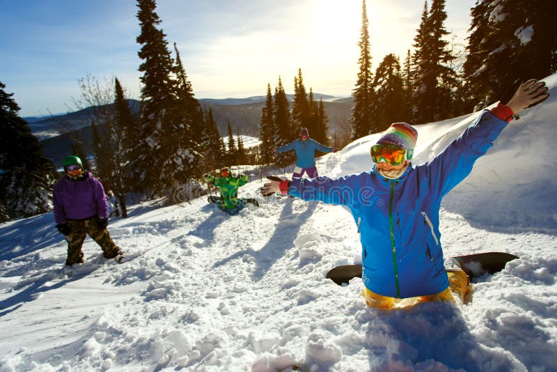 Group of Friends Snowboarders Having Fun on the Top of Mountain Stock ...