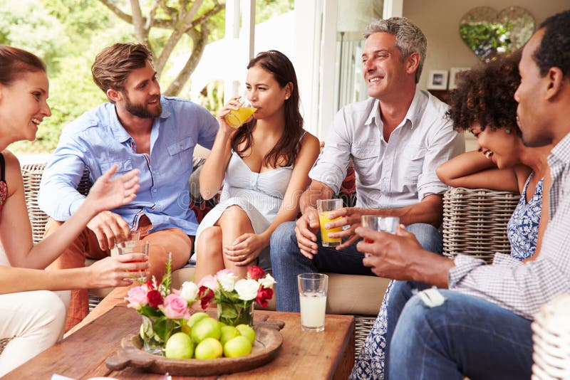 Group of Friends Socialising in a Conservatory Stock Photo - Image of ...