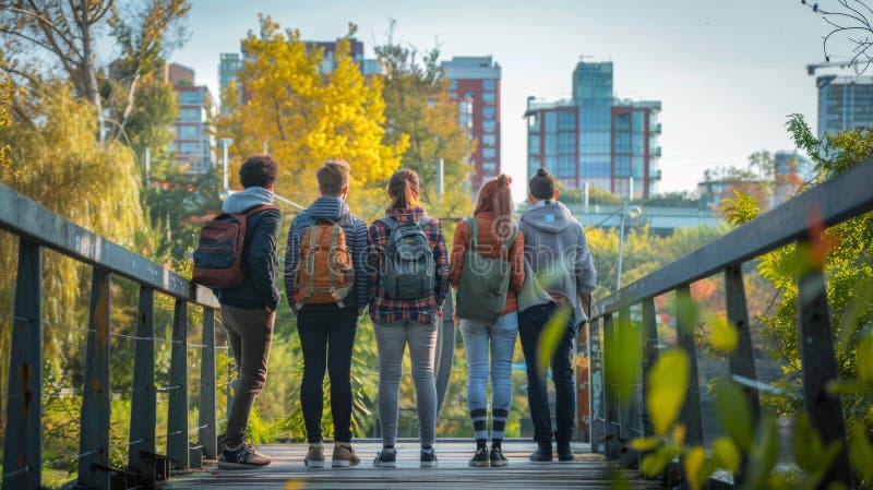 A Group of Friends Stand on a Bridge Backs Towards the Camera As they ...