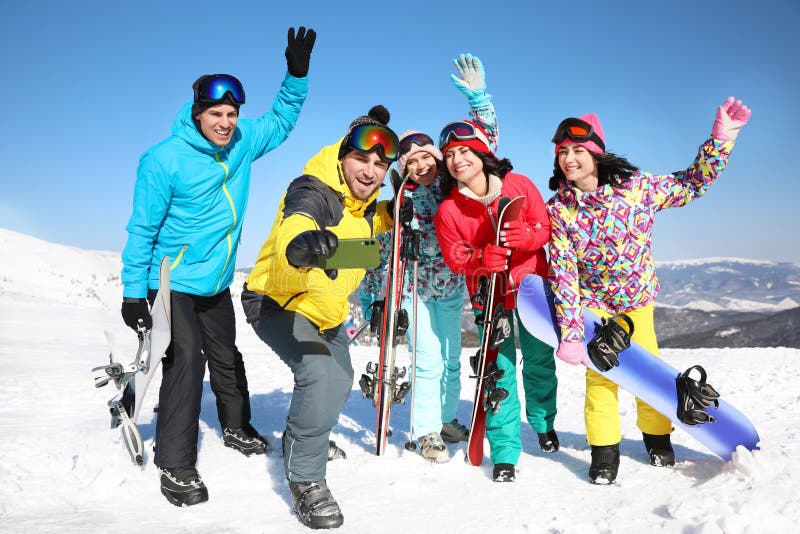 Group of Friends Taking Selfie. Winter Vacation Stock Image - Image of ...