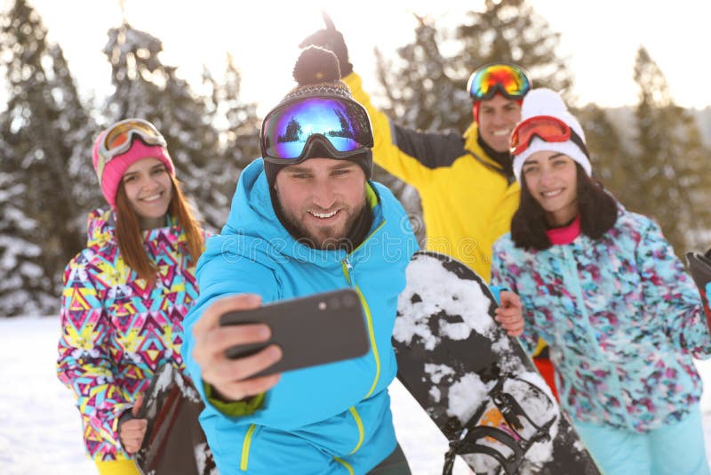 Group of Friends Taking Selfie on Hill. Winter Vacation Stock Image ...