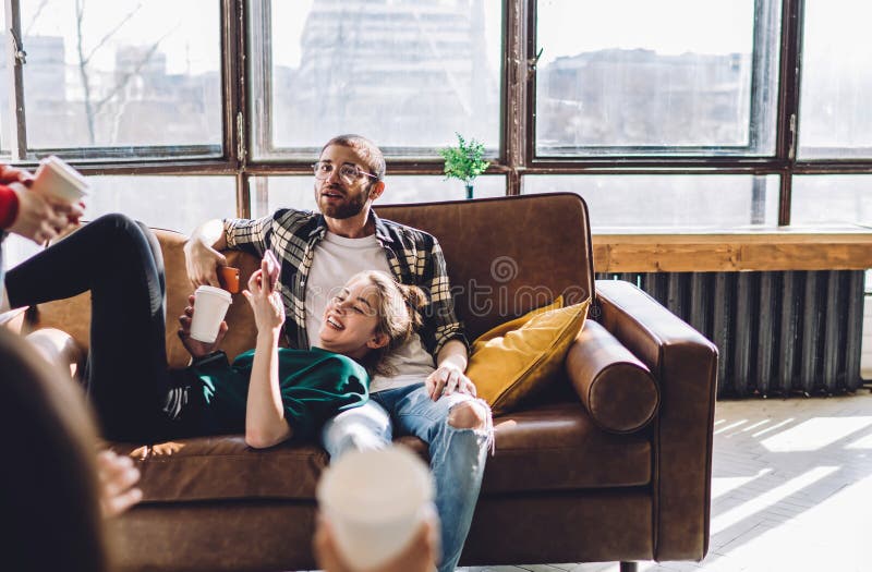 Group of Friends Talking in Comfortable Room Stock Image - Image of ...