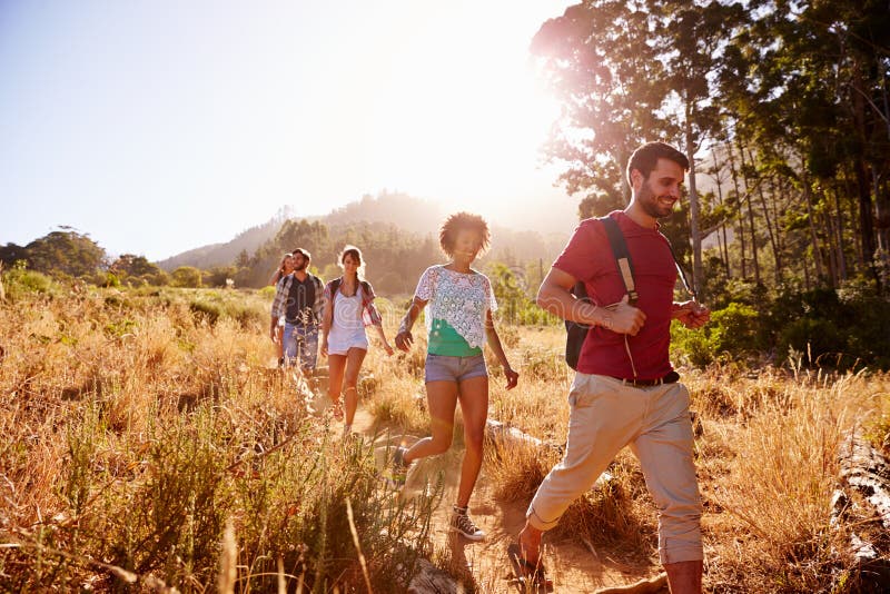 Group of Friends on Walk Balancing on Tree Trunk in Forest Stock Image ...