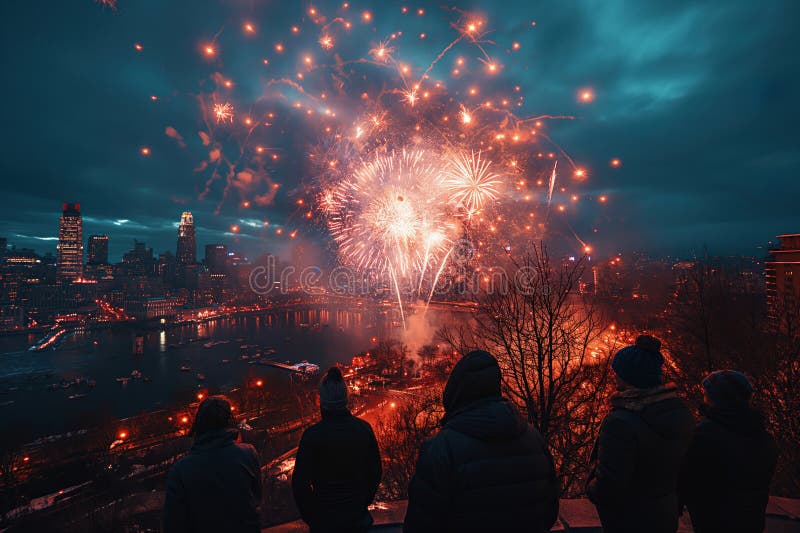 Group of Friends Watching Fireworks Exploding Over City Skyline at ...