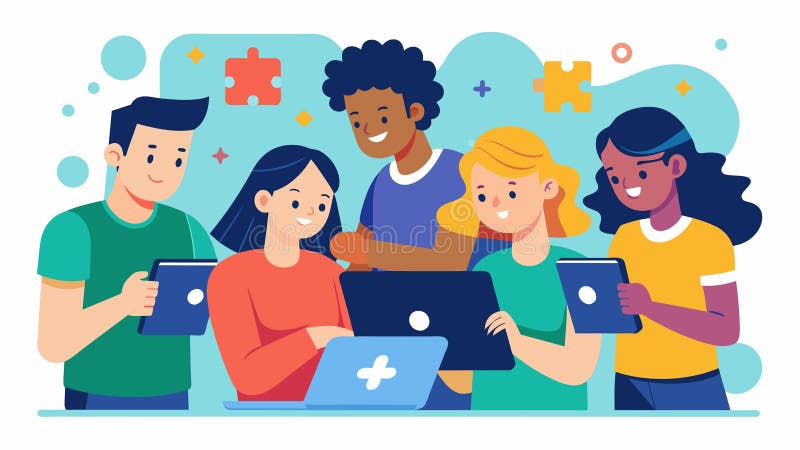 A Group of Friends Work Together Each Focused on Their Own Tablet App ...