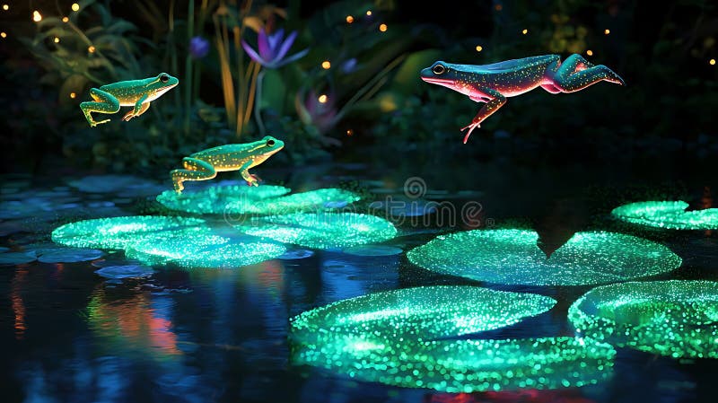A Group of Frogs are Flying Over a Pond with Glowing Plants Stock Image ...