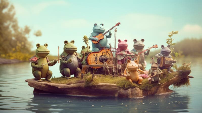 A Group of Frogs Playing Music on an Island in the Water. Generative AI ...
