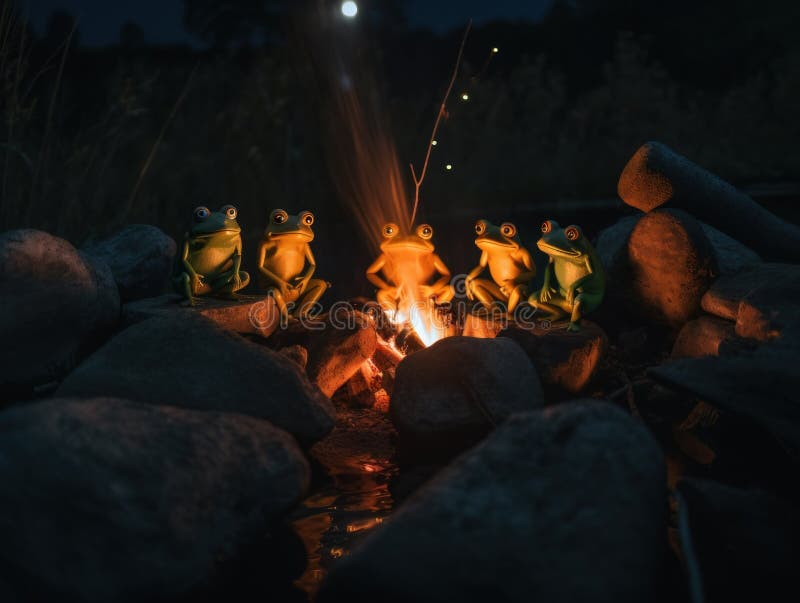 A Group of Frogs Sitting Around a Campfire. Generative AI Image. Stock ...
