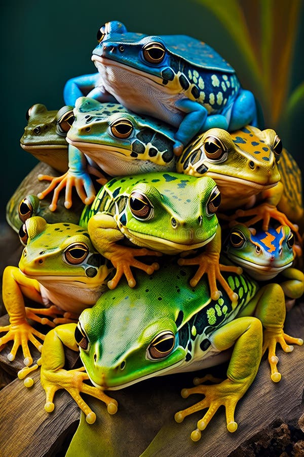Group of Frogs Sitting on Top of Each Other on Piece of Wood ...