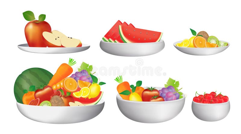 Group of Fruit on a Bowl and Dishes Stock Vector - Illustration of ...