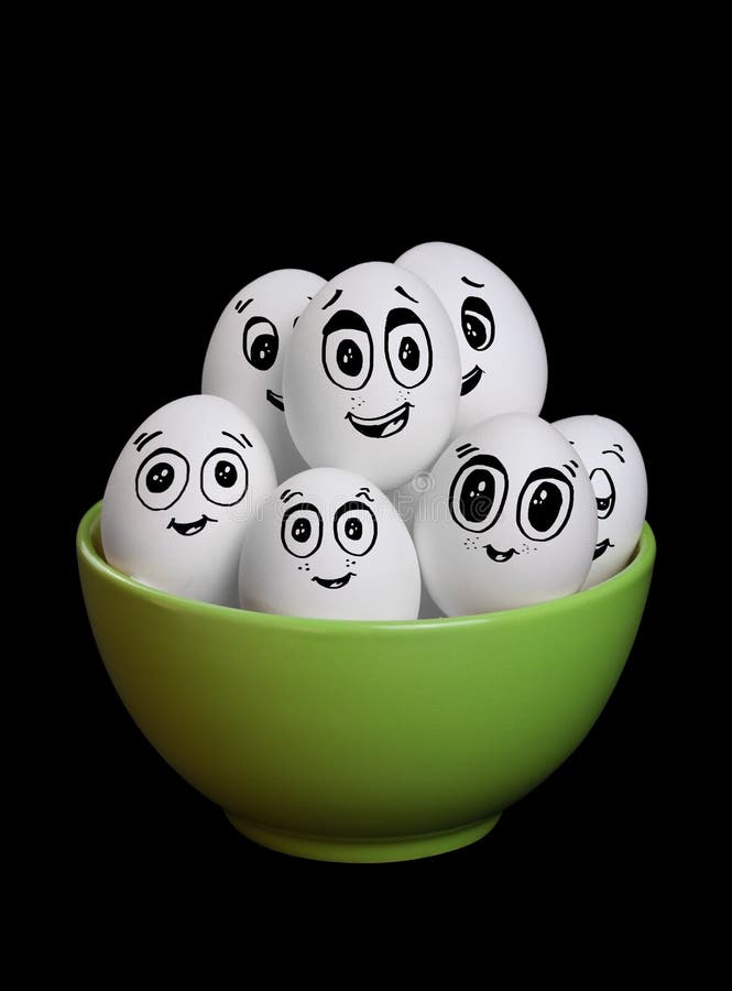 A Group of Funny and Happy Egg Smiley Collection in Bowl with Bl Stock ...