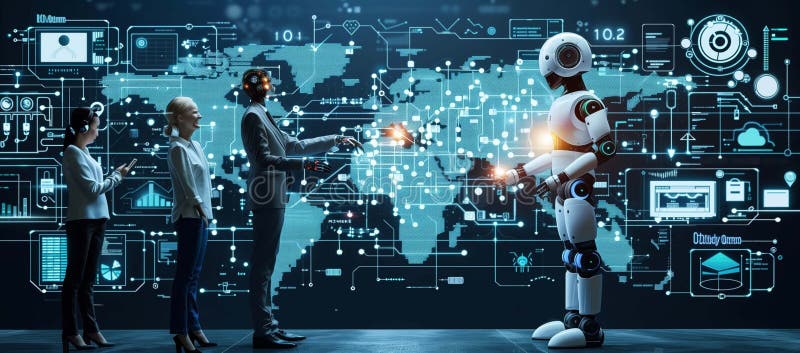 Group of Futuristic Robots Interacting in Digital Environment Stock ...