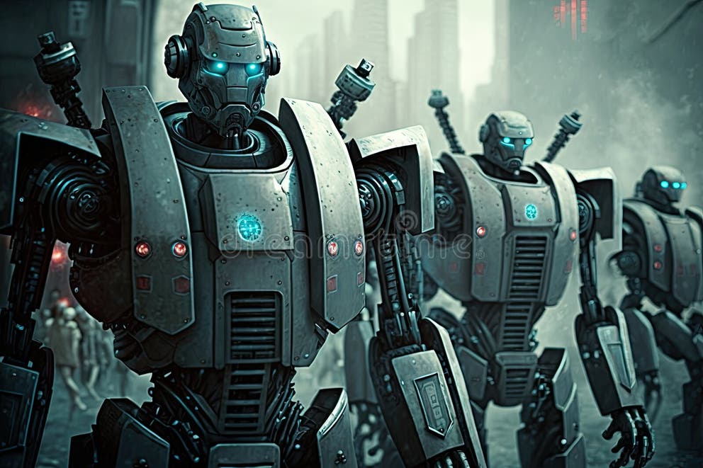 Group of Futuristic Robots Standing in a Row Stock Illustration ...