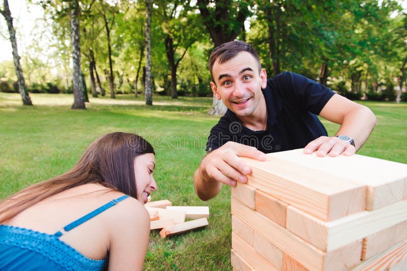 Group Game of Physical Skill with Big Blocks Stock Image - Image of ...