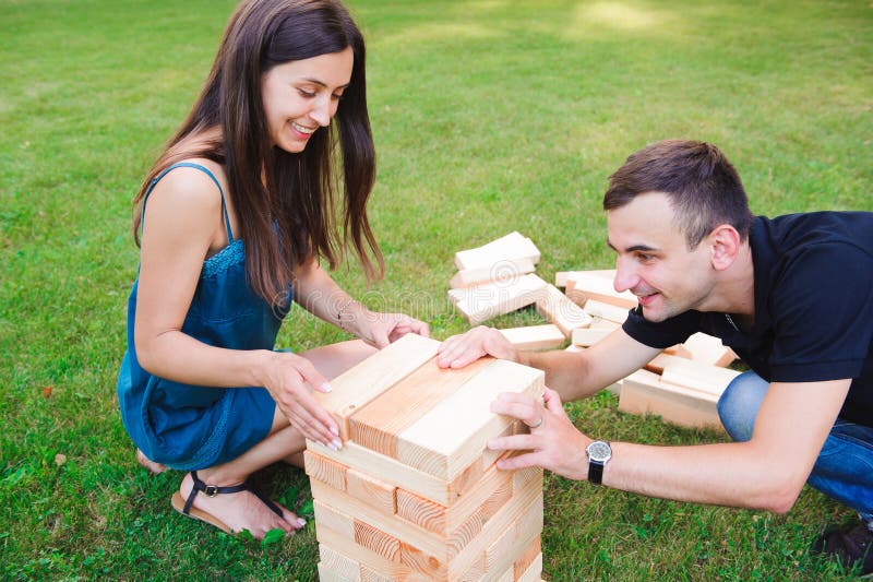 Group Game of Physical Skill with Big Blocks Stock Photo - Image of ...