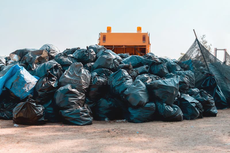 Group of Garbage Bag Stack in Park Stock Image - Image of outside ...