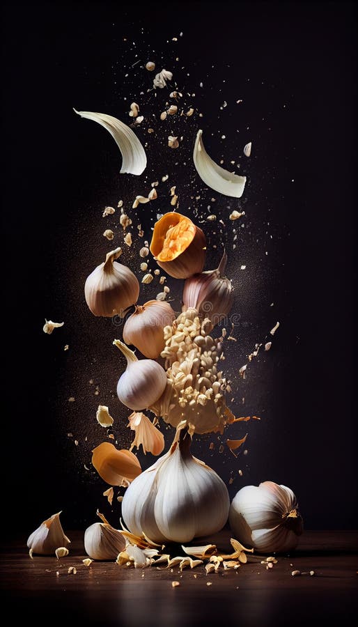 Group of Garlic Bulb Vegetable Creatively Falling-Dripping Flying or ...