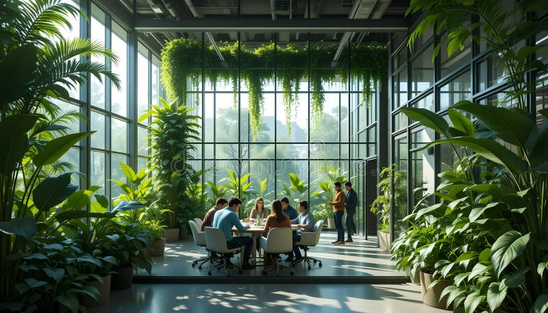 People Meeting in Modern Green Office Space with Natural Light Stock ...