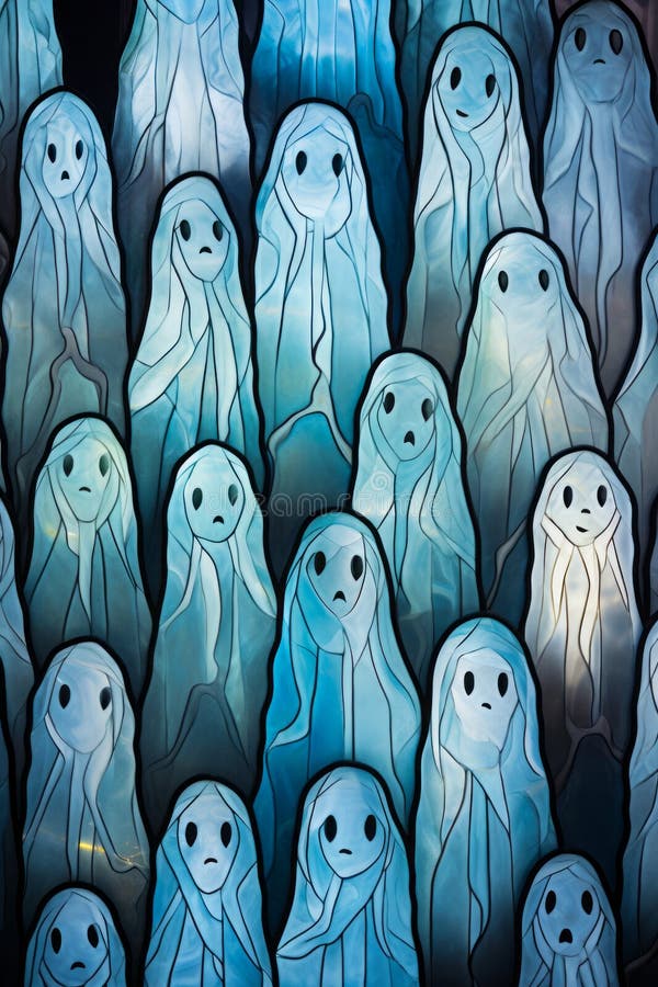 Group of Ghost Like Figures Standing in Row with Their Faces Painted ...
