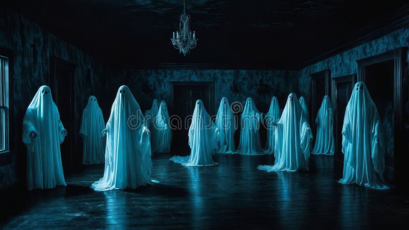 A Group of Ghostly Figures are Standing in a Dark Room Stock Photo ...
