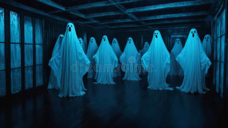A Group of Ghostly Figures are Standing in a Room with Blue Lighting ...