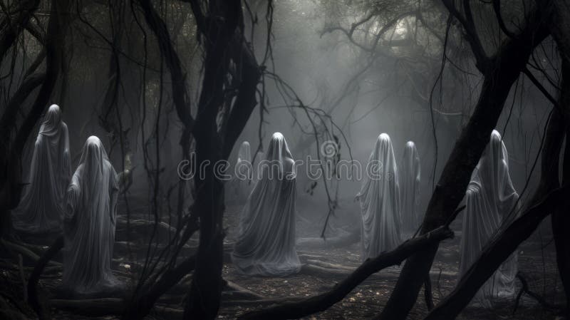 Group of Ghostly People Walking through a Forest Stock Illustration ...
