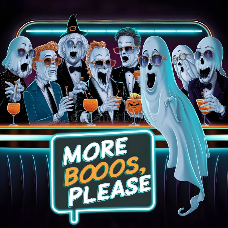 A Group of Ghosts at a Bar with Drinks with the Phrase More Boos Please ...