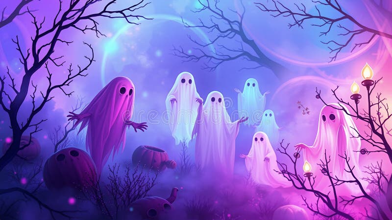 A Group of Ghosts Gathers in a Spooky Forest at Night Stock ...